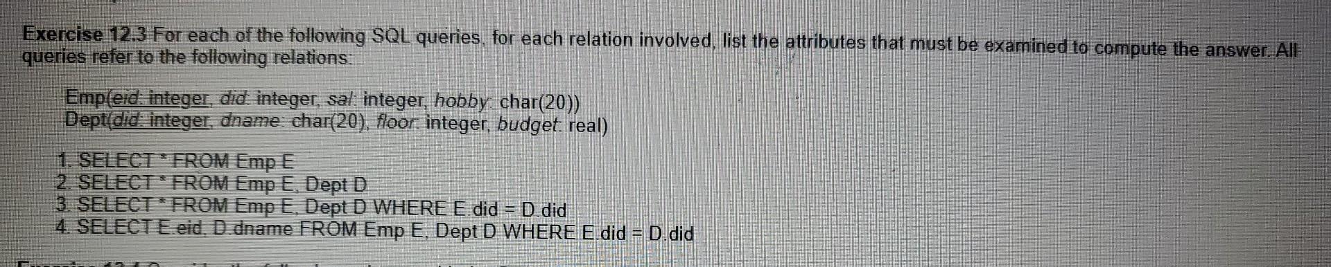 Solved Exercise 12.3 For each of the following SQL queries, | Chegg.com