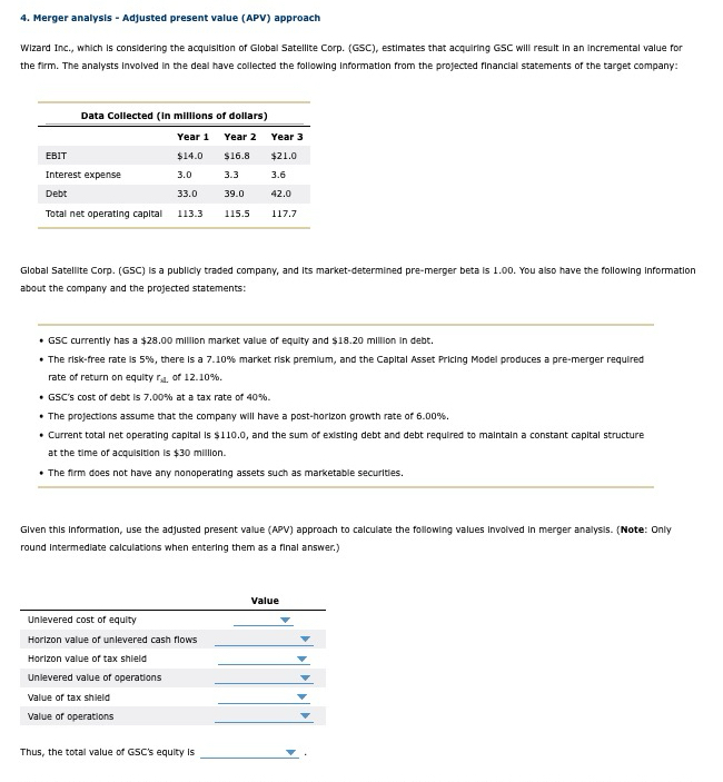 Solved Merger analysis - ﻿Adjusted present value (APV) | Chegg.com