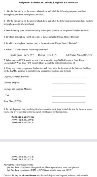 Solved Assignment 1: Review of Latitude, Longitude \& | Chegg.com