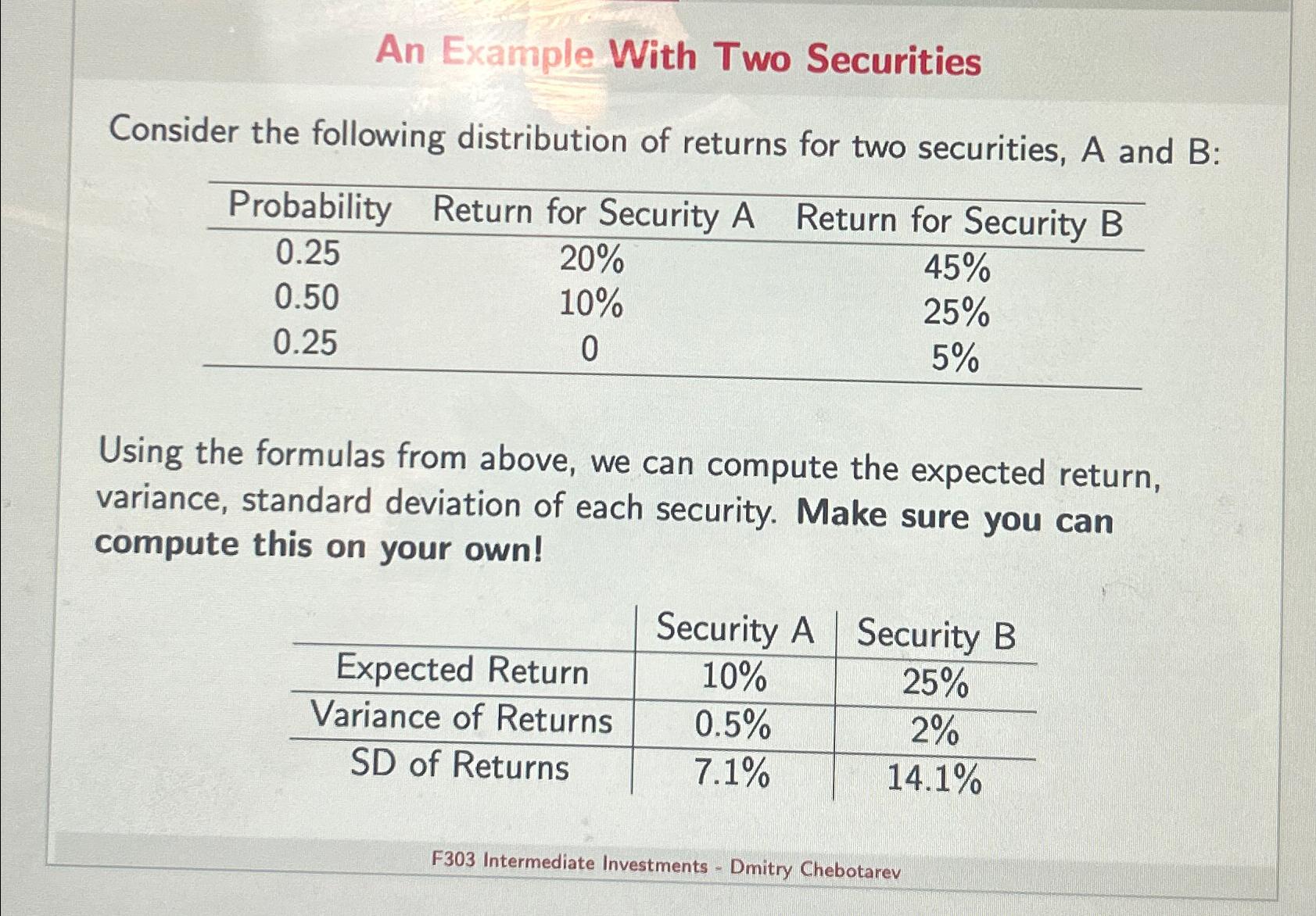 Solved An Example With Two SecuritiesConsider the following | Chegg.com
