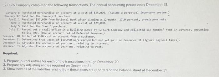 Solved Ez Curb Company completed the following transactions. | Chegg.com