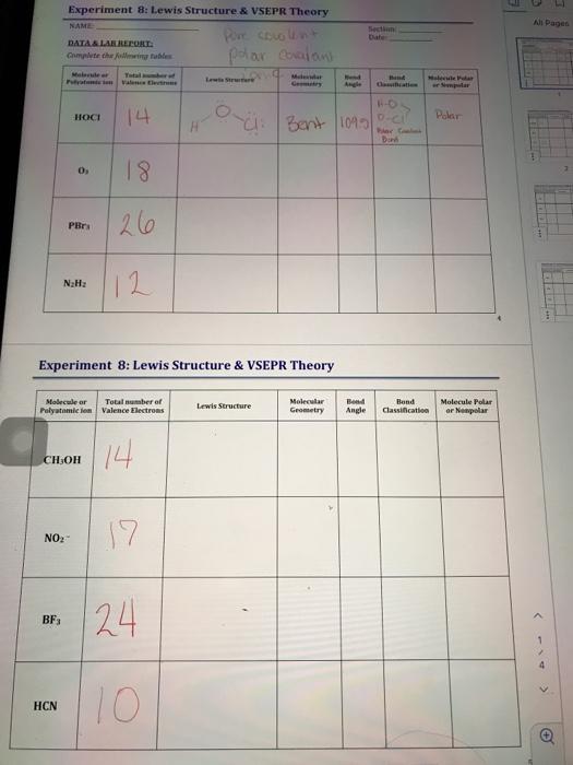Solved All Pages Experiment 8: Lewis Structure & VSEPR | Chegg.com
