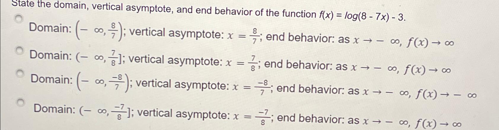 Solved State the domain, vertical asymptote, and end | Chegg.com