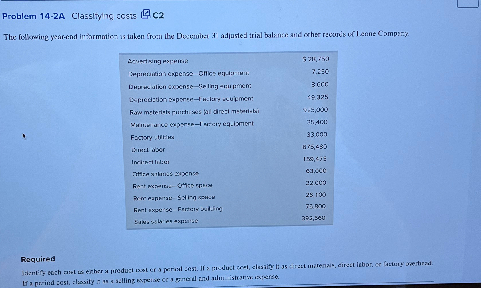Solved Problem 14-2A Classifying costs 02 2The following | Chegg.com