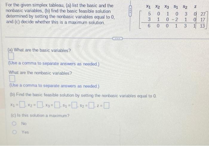 Solved For The Given Simplex Tableau A List The Basic And 2256