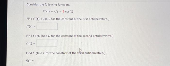 Solved Consider the following function. f′′′(t)=t−6cos(t) | Chegg.com