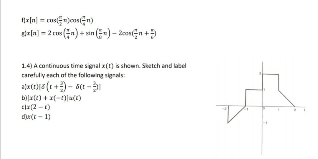 Solved f) x[n]=cos(2πn)cos(4πn) g) | Chegg.com