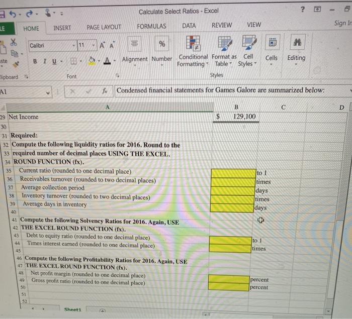 Solved saved Calculate Select Ratios Excel 1 ALE HOME INSERT | Chegg.com