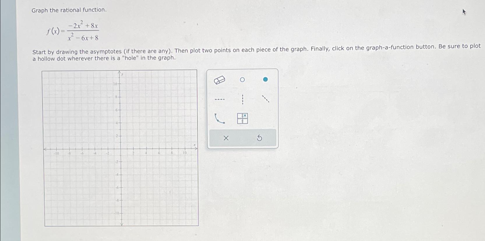 Solved Graph the rational function.f(x)=-2x2+8xx2-6x+8Start | Chegg.com