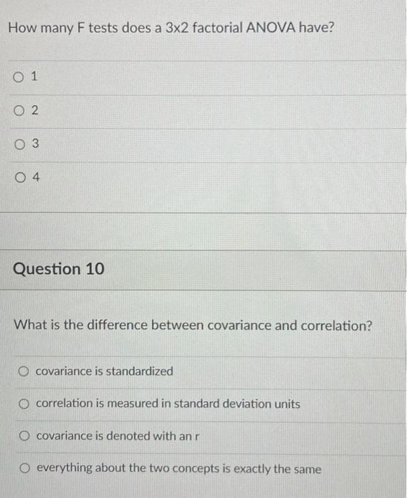 Solved How many F tests does a 3x2 factorial ANOVA have? 0 1 | Chegg.com