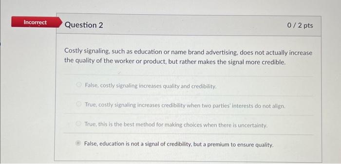 Solved Costly signaling, such as education or name brand | Chegg.com