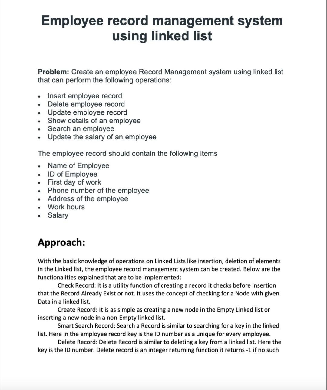 Solved Employee record management system using linked list | Chegg.com