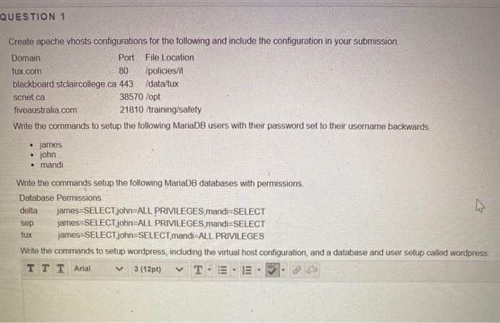 Solved QUESTION 1 Create apache vhosts configurations for | Chegg.com