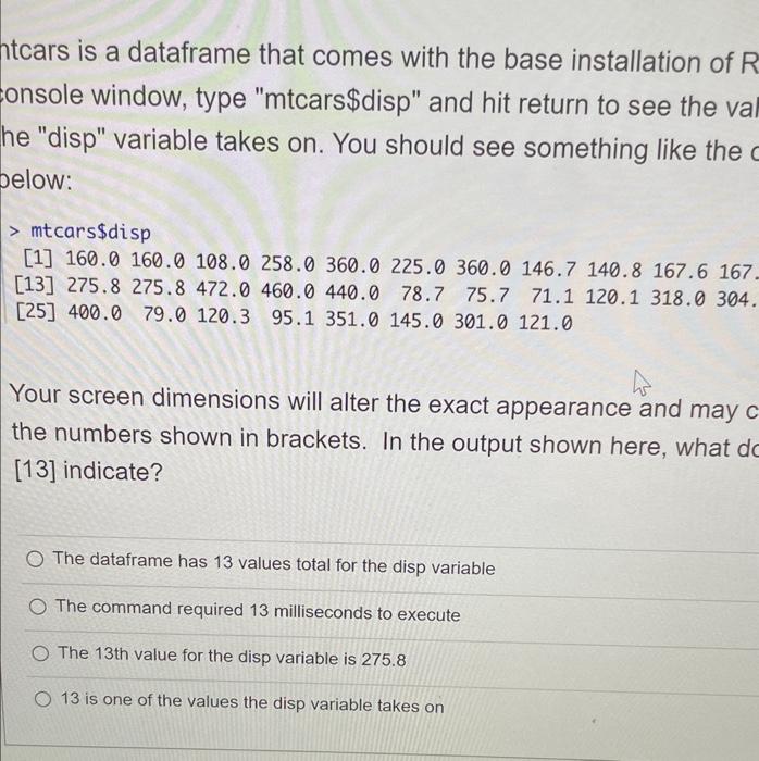 Solved itcars is a dataframe that comes with the base | Chegg.com
