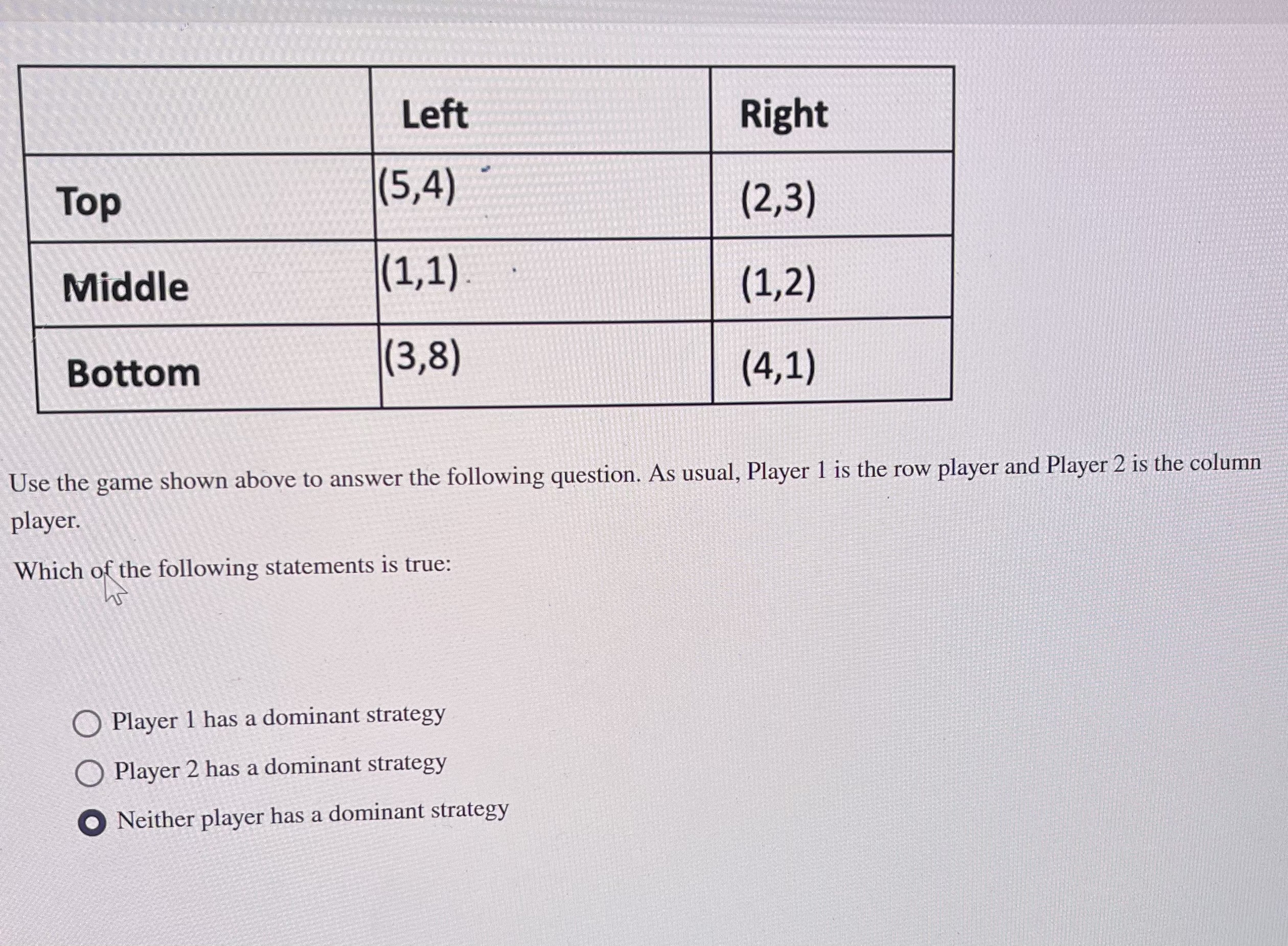 Solved ?LeftRightTop5423Middle1112Bottom3841Use the game | Chegg.com