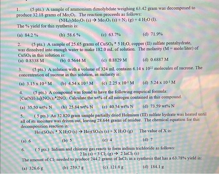 Solved 1. (5 pts.) A sample of ammonium dimolybdate weighing | Chegg.com
