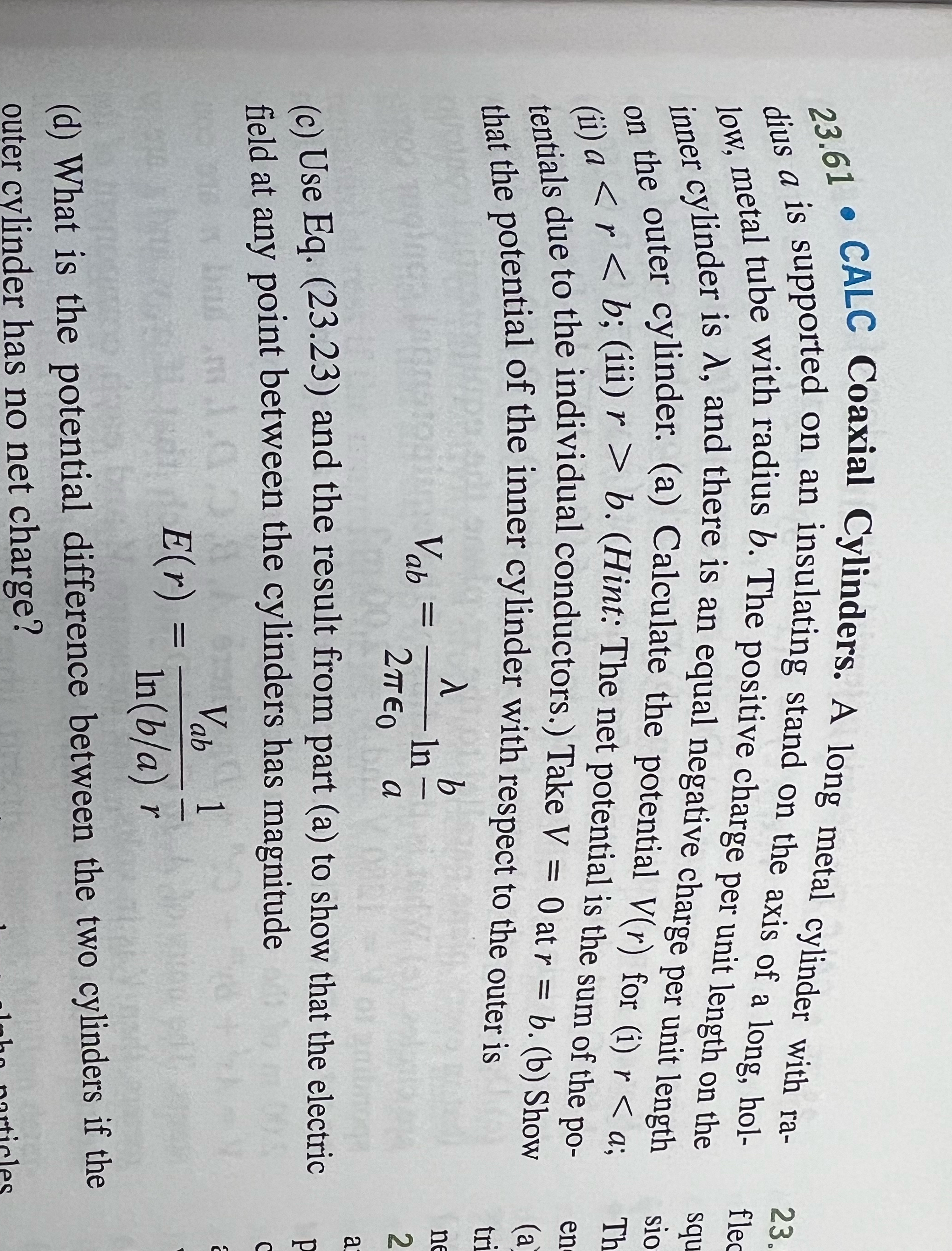 Solved 23.61 ﻿CALC Coaxial Cylinders. A long metal cylinder | Chegg.com