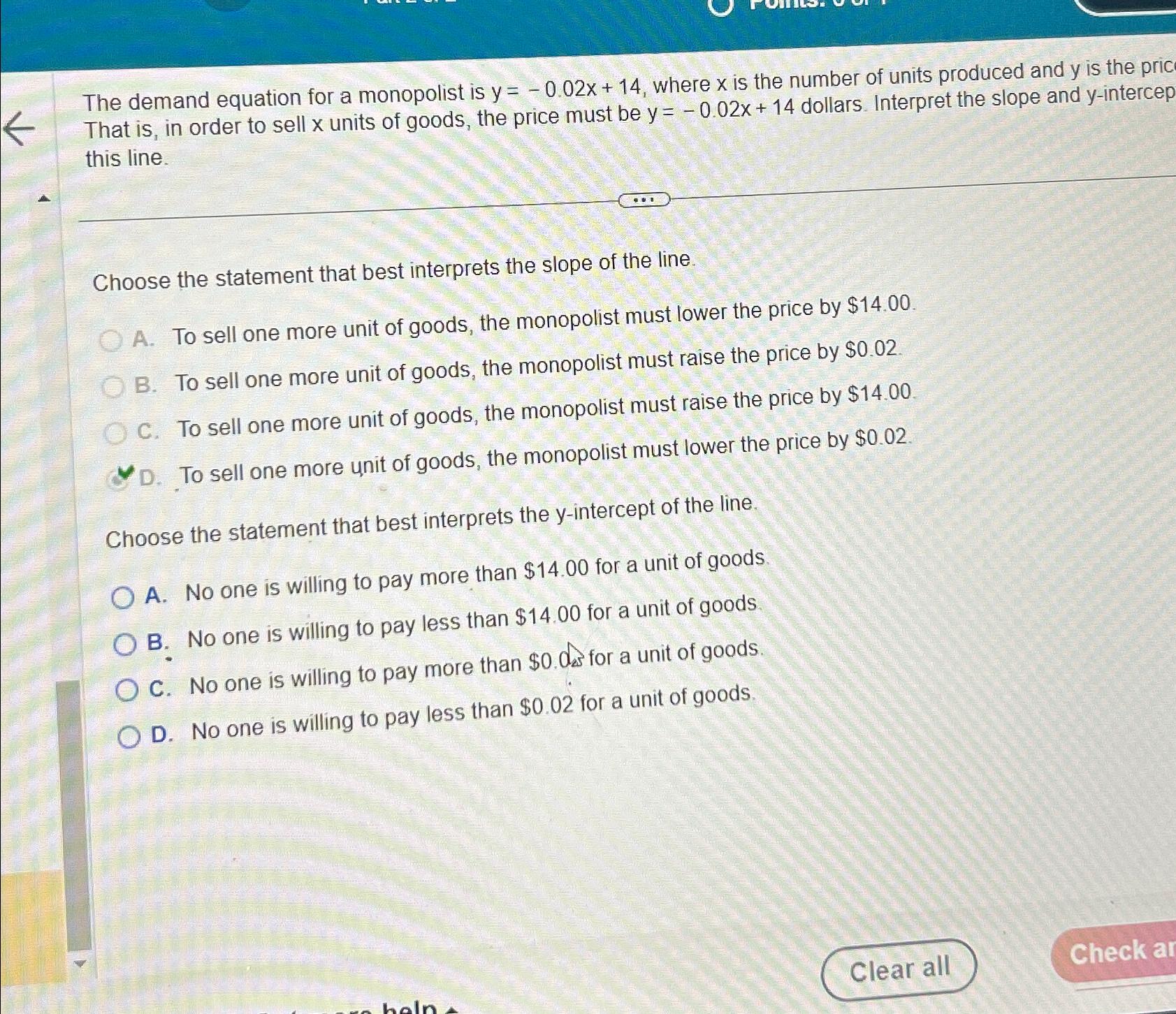 Solved The demand equation for a monopolist is y=-0.02x+14, | Chegg.com