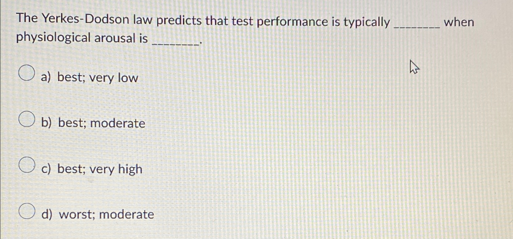 Solved The Yerkes-Dodson law predicts that test performance | Chegg.com