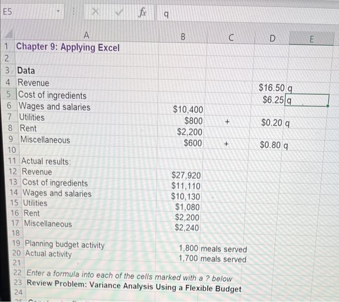 Solved X E5 A B 1 Chapter 9: Applying Excel 2 3 Data 4 | Chegg.com
