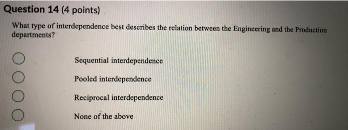 Solved Question 14 (4 points) What type of interdependence | Chegg.com