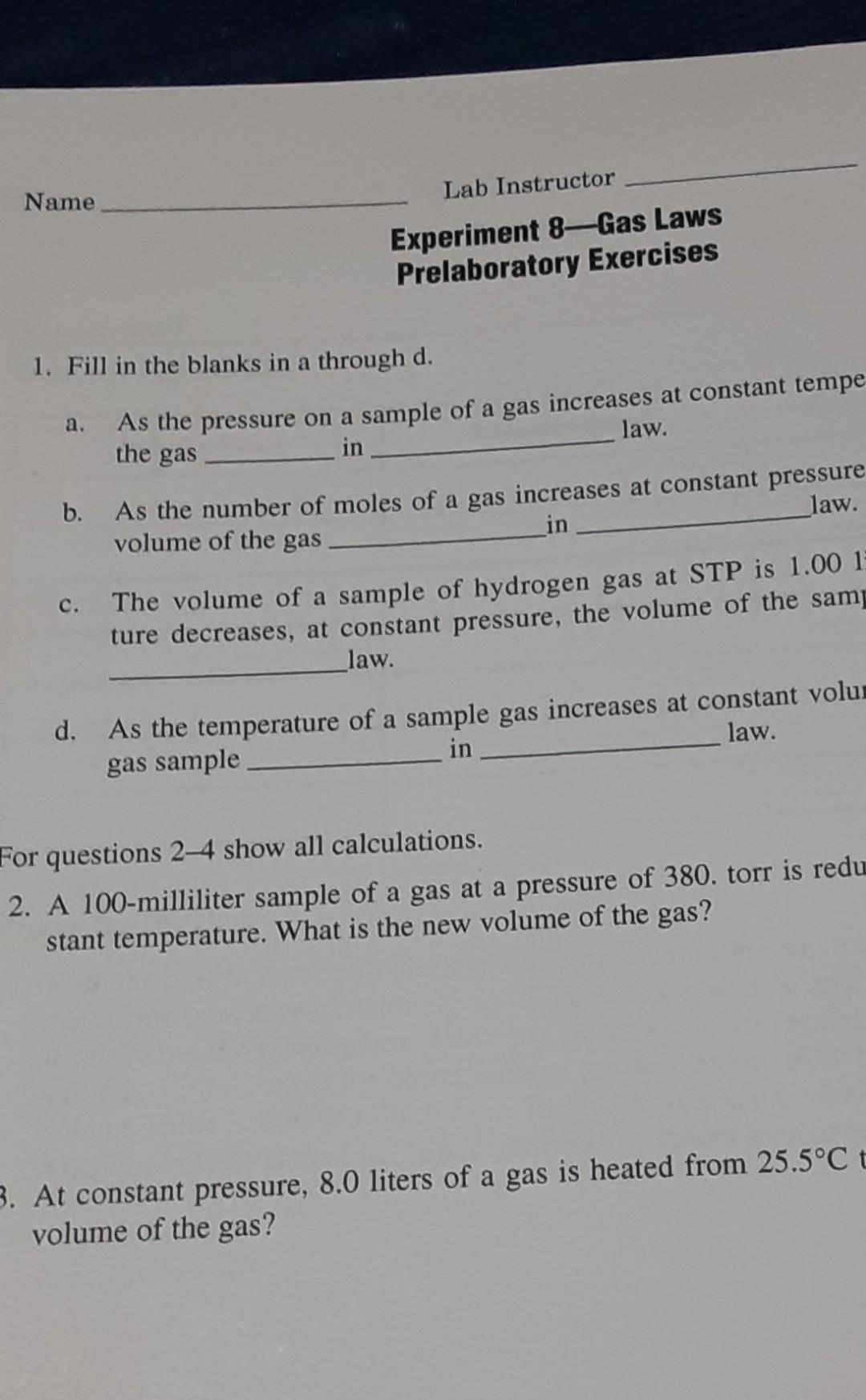 Solved U LU Experimento Prelaboratory Exercises 1. Fill in | Chegg.com