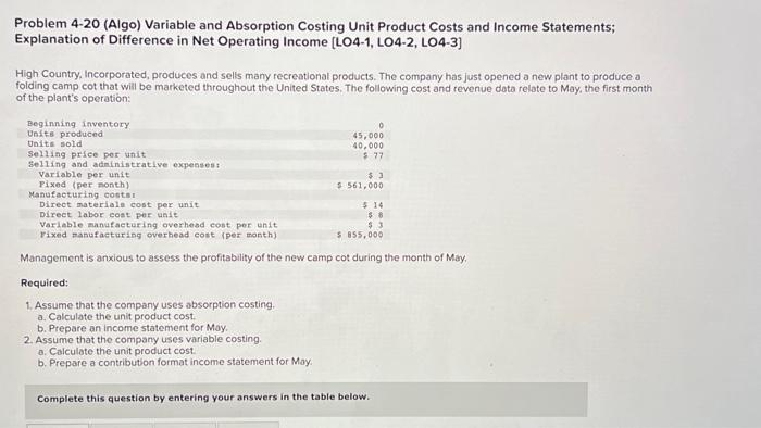 Solved Problem 4-20 (Algo) Variable and Absorption Costing | Chegg.com
