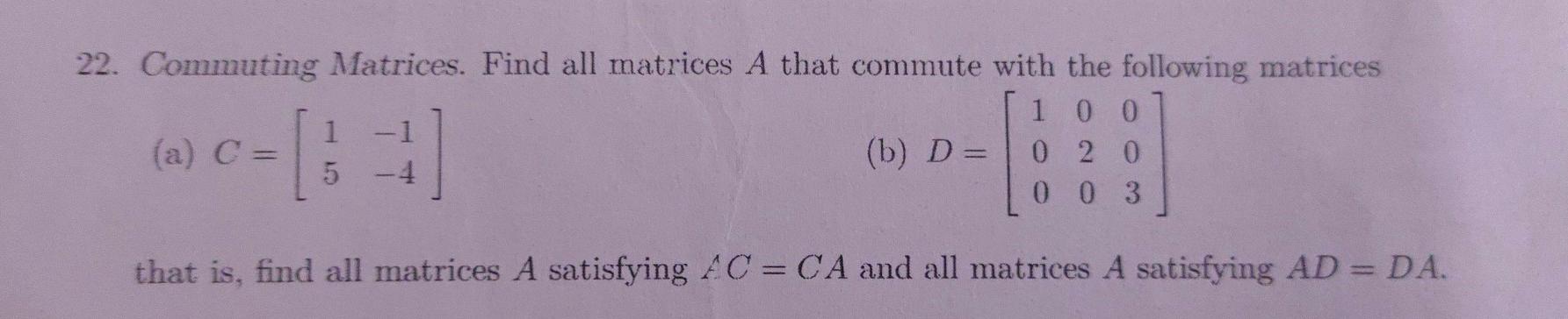 Solved 22. Commuting Matrices. Find all matrices A that | Chegg.com
