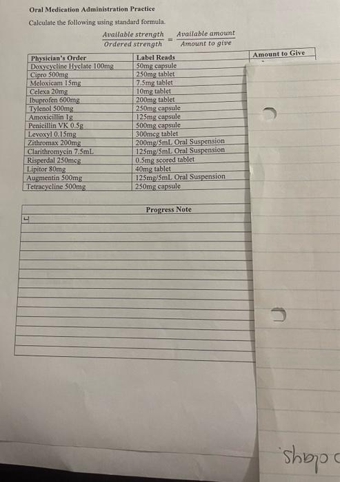 Solved Oral Medication Administration Practice Calculate the | Chegg.com
