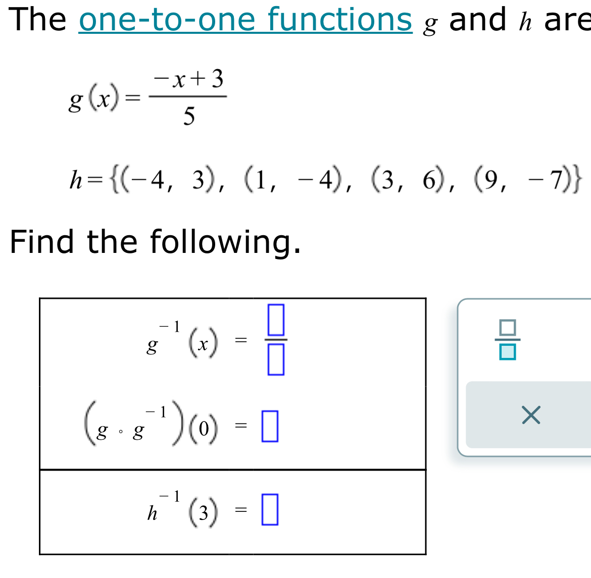 Solved The one-to-one functions g ﻿and h | Chegg.com