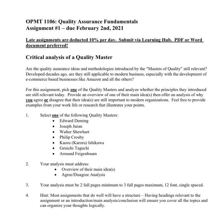 Solved OPMT 1106: Quality Assurance Fundamentals Assignment | Chegg.com