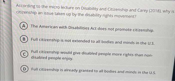 According to the micro lecture on Disability and | Chegg.com