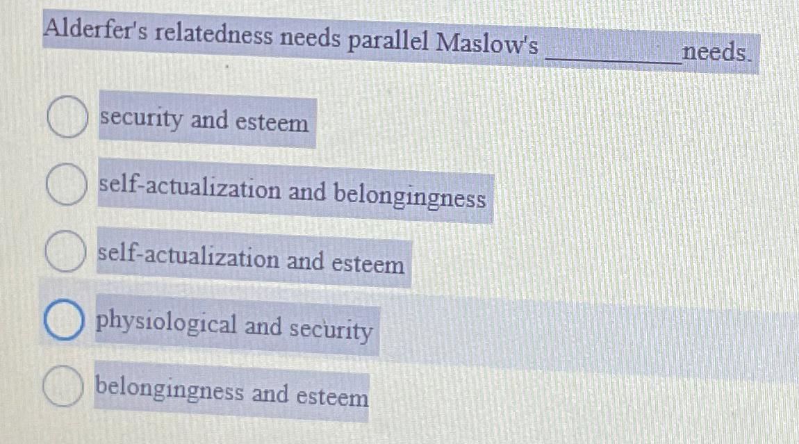 Solved Alderfer's relatedness needs parallel Maslow's | Chegg.com