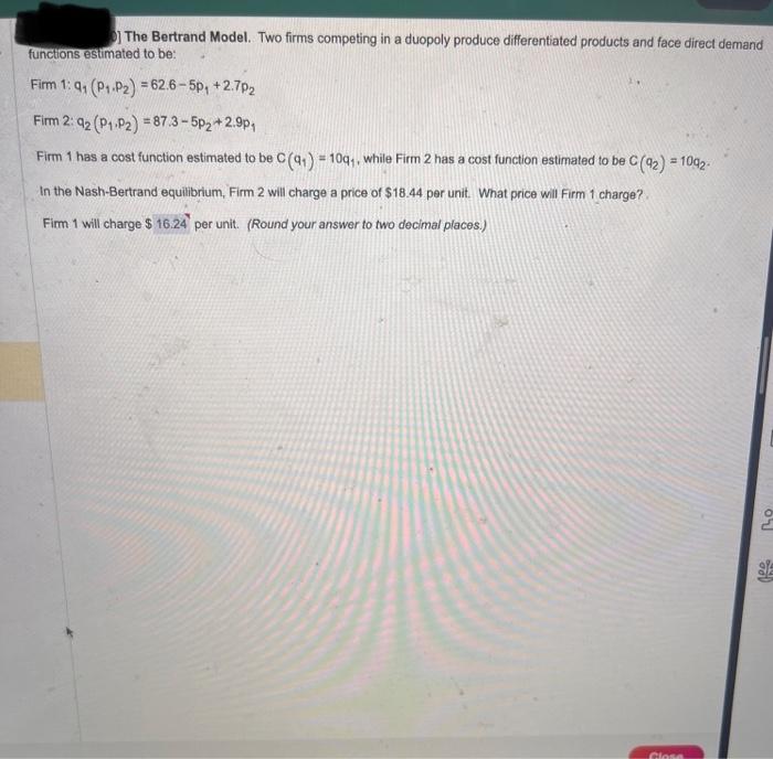 Solved The Bertrand Model. Two firms competing in a duopoly | Chegg.com