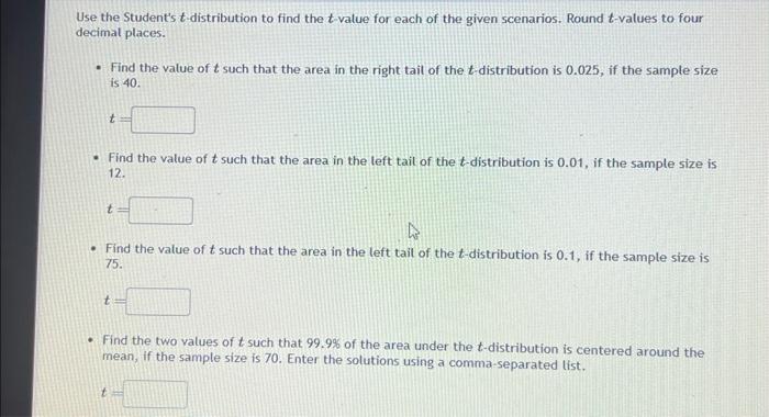 Solved Use the Student's t-distribution to find the t-value | Chegg.com
