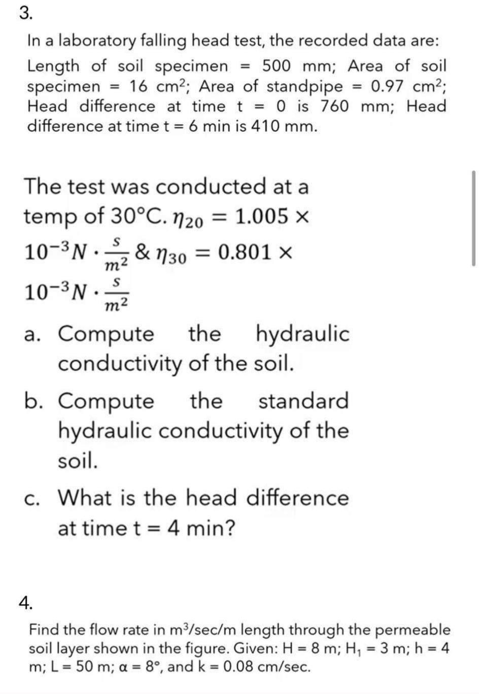 Solved 3. In a laboratory falling head test, the recorded | Chegg.com