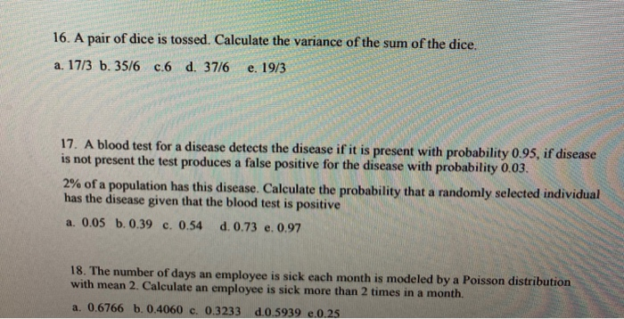 Solved 16. A pair of dice is tossed. Calculate the variance | Chegg.com