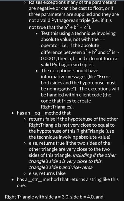 Solved Write a RightTriangle class in Python that meets ese | Chegg.com