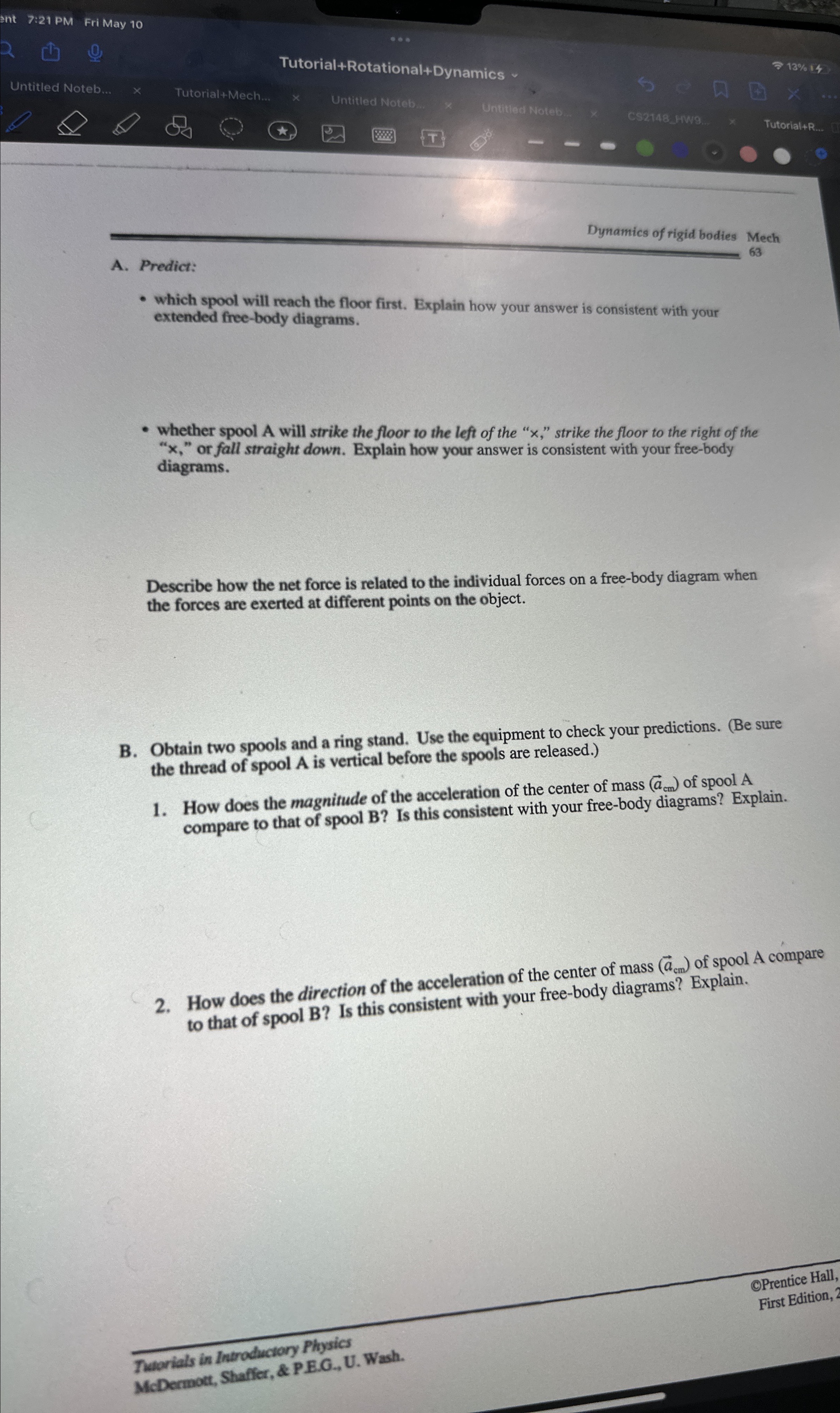 Solved A. ﻿Predict:which spool will reach the floor first. | Chegg.com