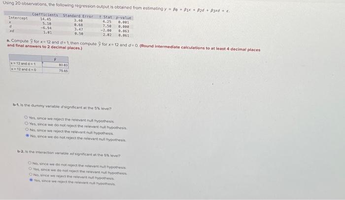Solved Using 20 observations, the following regression | Chegg.com