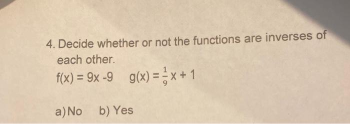 Solved 4. Decide whether or not the functions are inverses | Chegg.com