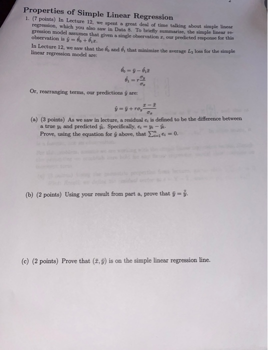 Solved Properties of Simple Linear Regression 1. (7 points) | Chegg.com