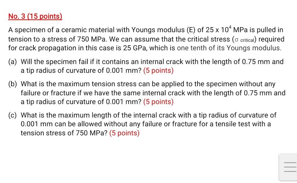 Solved No. 3 (15 points) A specimen of a ceramic material | Chegg.com