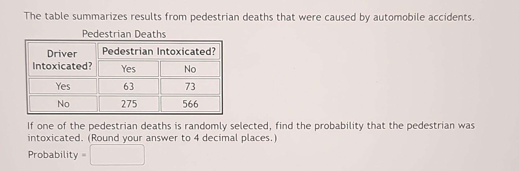 Solved The table summarizes results from pedestrian deaths | Chegg.com