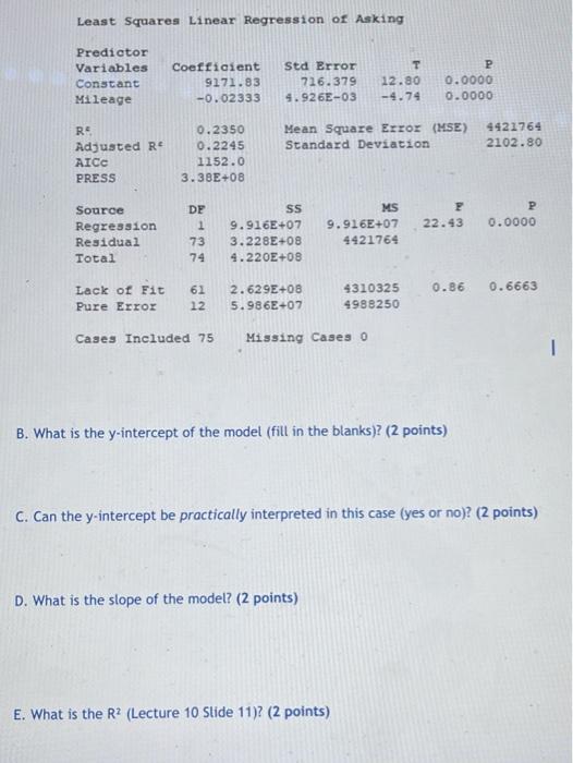 Solved Least squares Linear Regression of Asking Predictor | Chegg.com
