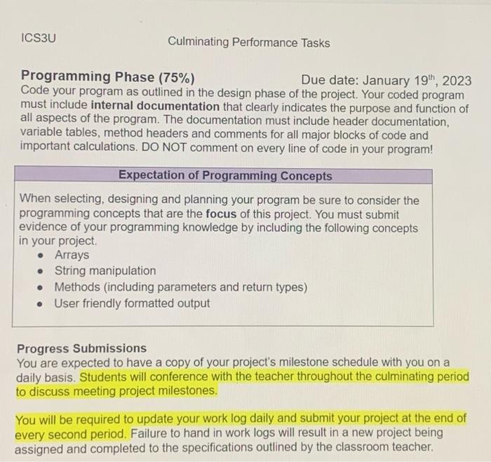 ICS3U Culminating Programming Project This CPT is | Chegg.com