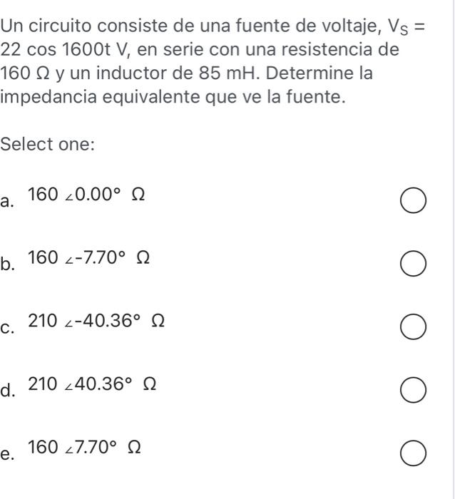 Solved Un circuito consiste de una fuente de voltaje, VS= | Chegg.com