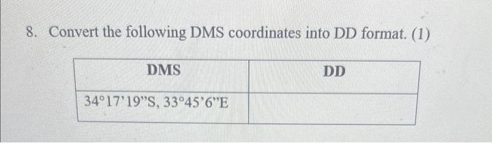Solved 8. Convert the following DMS coordinates into DD | Chegg.com