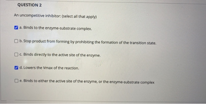 Solved QUESTION 2 An uncompetitive inhibitor: (select all | Chegg.com