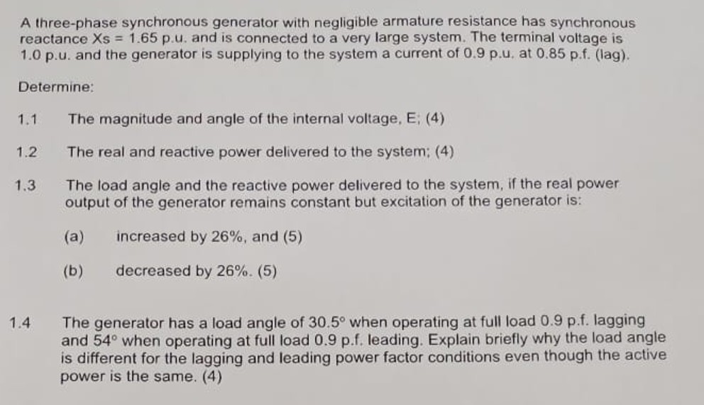 Solved A three-phase synchronous generator with negligible | Chegg.com